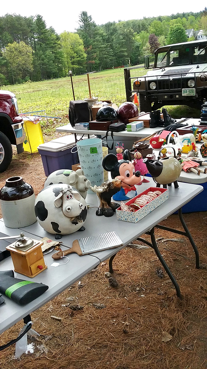 Mickey Mouse meets farmyard friends at this eclectic table. One person's decluttering mission becomes another's decorating inspiration.