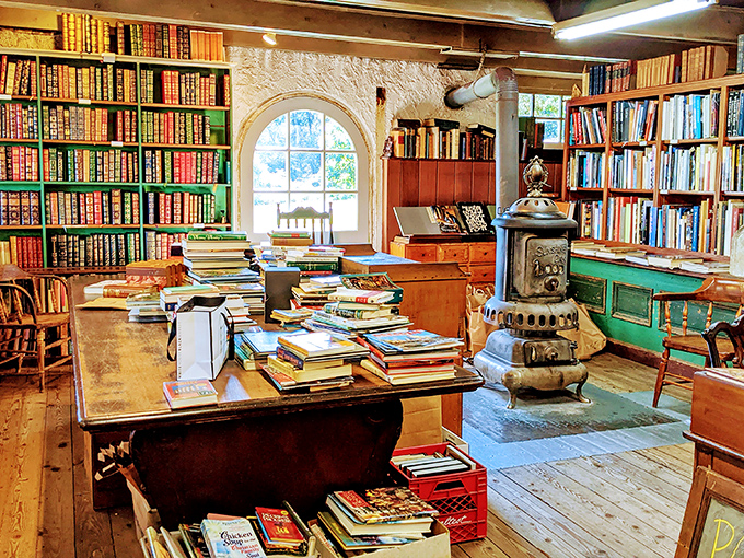 Sunlight streams through arched windows, illuminating stacks of potential discoveries. That vintage stove isn't just decoration&mdash;it's a literary campfire for bibliophile gatherings. 