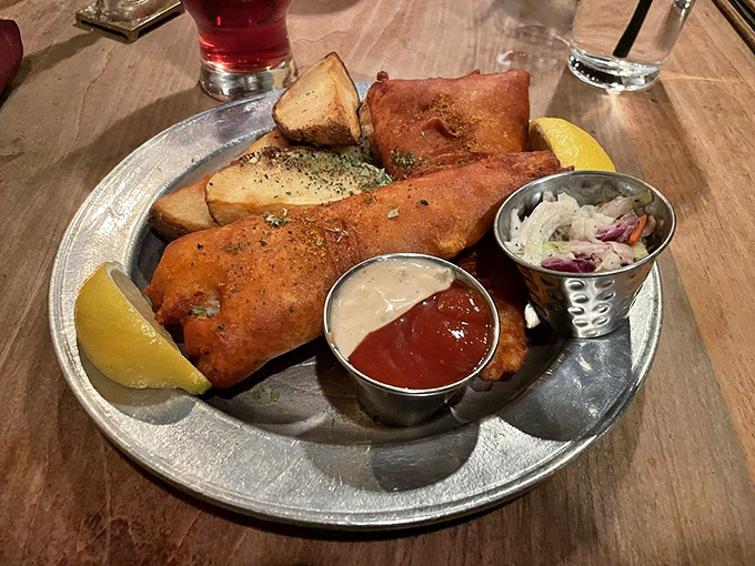 Fish and chips that would make a British pub-goer weep with joy. Crispy, flaky, and served with all the proper accompaniments.