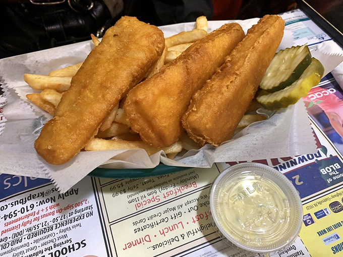 Golden-battered fish sticks that would make Captain Ahab abandon his quest, paired with fries so perfect they deserve their own fan club.