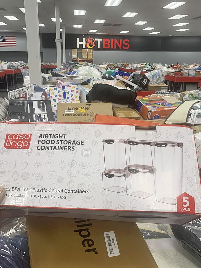 Casa Linga airtight food storage container set being held up inside a discount retail store called HOTBINS, surrounded by a variety of other boxed goods and merchandise.