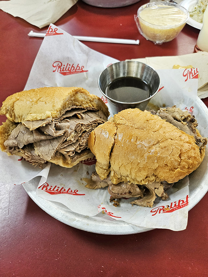 The famous French dip in all its glory, accompanied by that legendary au jus elixir. 