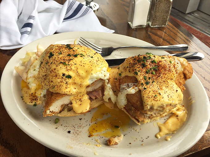 Eggs Benedict gets the Colorado treatment &ndash; crispy fried chicken beneath those perfectly poached eggs dripping with hollandaise heaven.