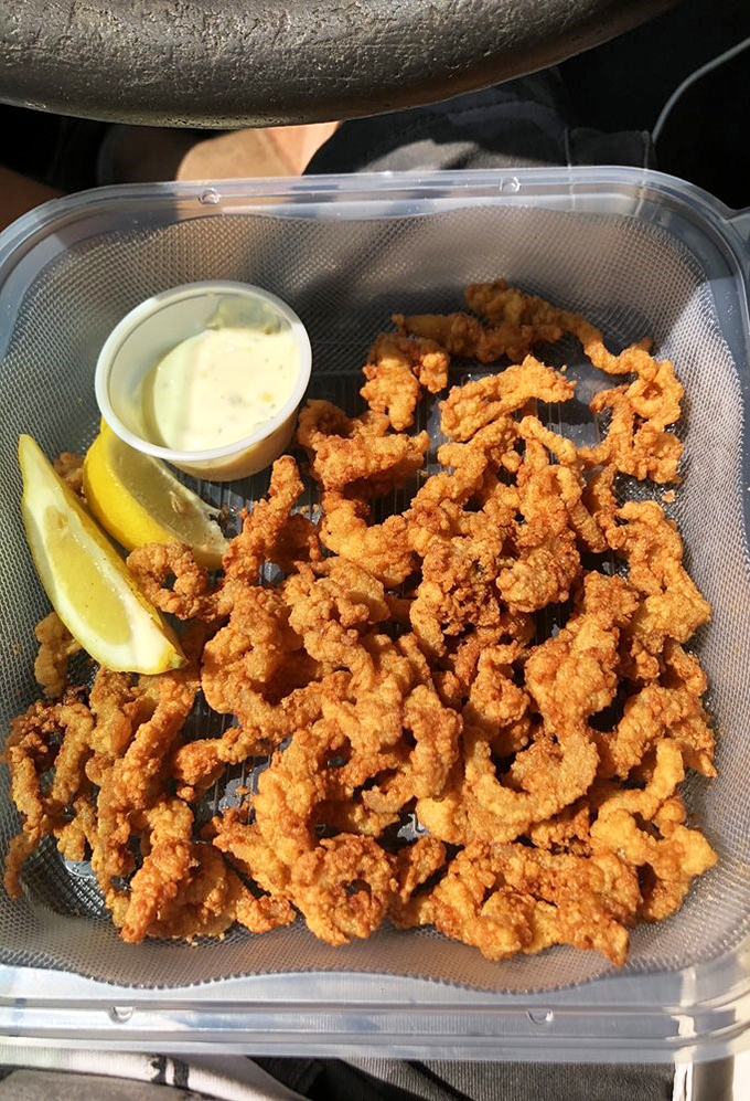 Crispy clam strips that crunch like autumn leaves. These golden morsels with their perfect dipping sauce are worth crossing state lines for.