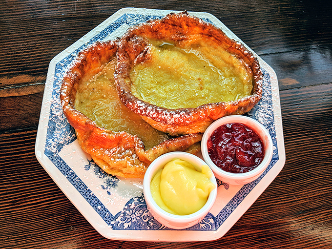 German pancakes puff up like edible clouds, served with jam and mustard&mdash;a sweet-savory combination that'll make you question everything you thought you knew about breakfast. 