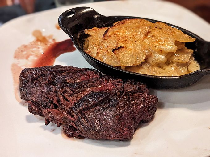 Hanger steak meets potato gratin in a partnership that would make any food matchmaker proud and satisfied. 