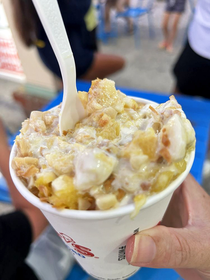 A tropical vacation in a cup! Chunks of pineapple and banana swimming in creamy custard make this Hawaiian Luau worth the sunburn.