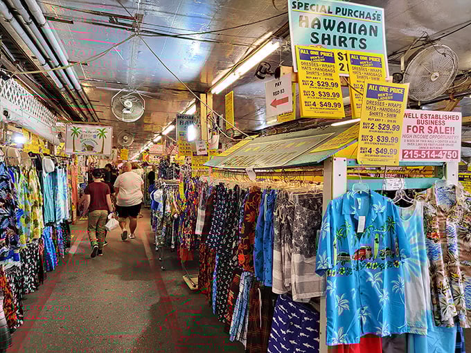 Hawaiian shirt heaven! Like a tropical garden blooming with fabric flowers, these racks offer instant vacation vibes without the airfare.