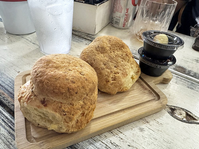 Biscuits so fluffy they could float away if not anchored by the gravitational pull of butter and homemade jam.