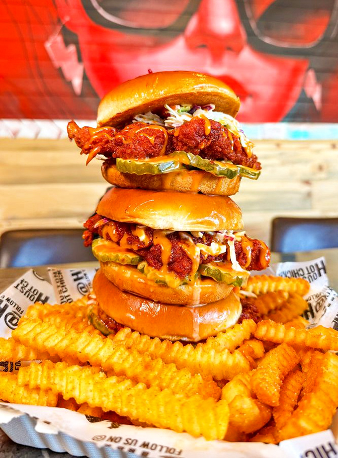 Not all towers in Vegas are casinos. This stack of hot chicken sandwiches might be the most rewarding gamble on Maryland Parkway.