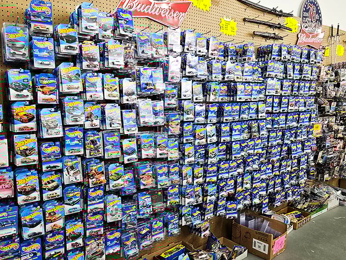 Hot Wheels heaven! A wall of miniature dreams that would make any collector (or their inner eight-year-old) absolutely giddy.