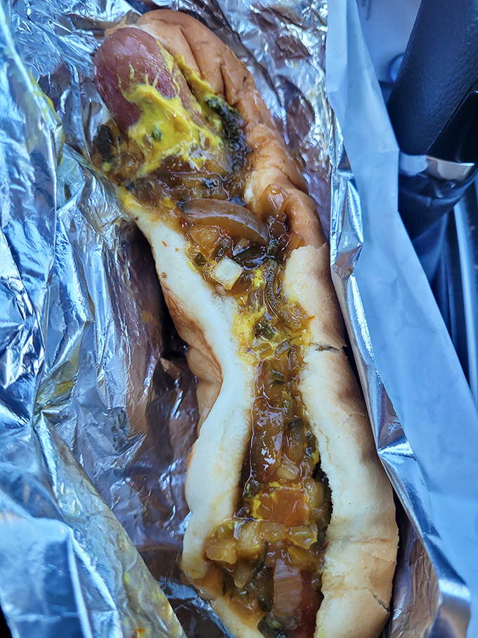 When mustard and onions join forces on a perfectly grilled dog, magic happens. This is hot dog artistry at its finest.