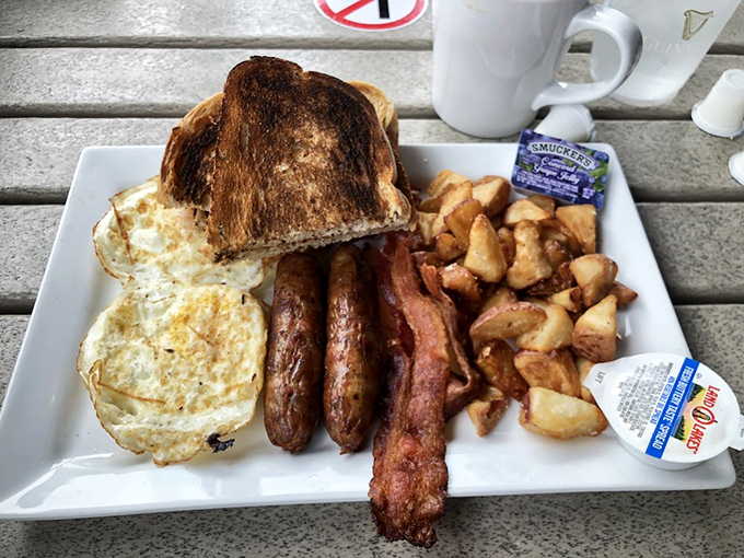 The full Irish breakfast: eggs, bacon, sausage, and potatoes fuel adventures or cure yesterday's revelry.