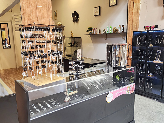 Jewelry displays transform ordinary tables into glittering wonderlands, where someone's perfect statement piece waits to be discovered.