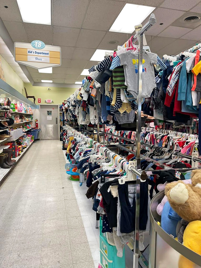 The kids' department is a parent's budget-saving dream. Those tiny hangers hold outfits that cost less than the snack your child will inevitably spill on them.