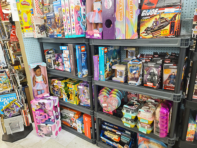 Toys from every era coexist peacefully on these shelves, a United Nations of childhood nostalgia spanning generations.