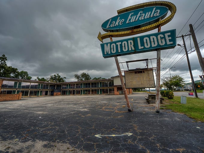 The Lake Eufaula Motor Lodge sign has that perfect vintage vibe that makes you half-expect to see a '57 Chevy pull up any minute.