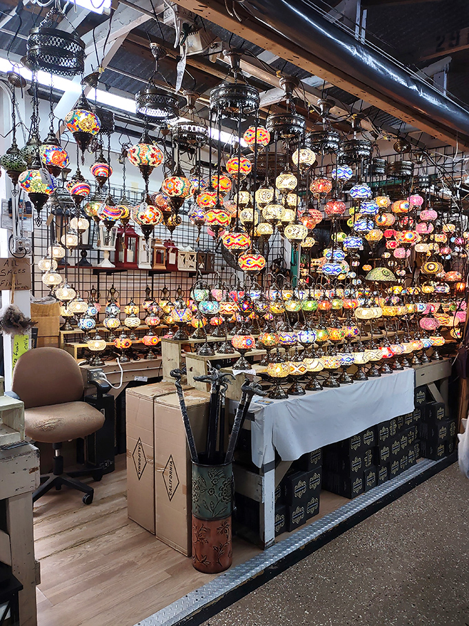 A constellation of handcrafted lanterns transforms an ordinary ceiling into a magical bazaar. Aladdin would approve of this lighting section.