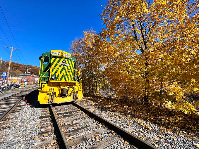 The Lehigh Gorge Scenic Railway's bright yellow engine against autumn gold. All aboard the time machine to Pennsylvania's industrial heyday!