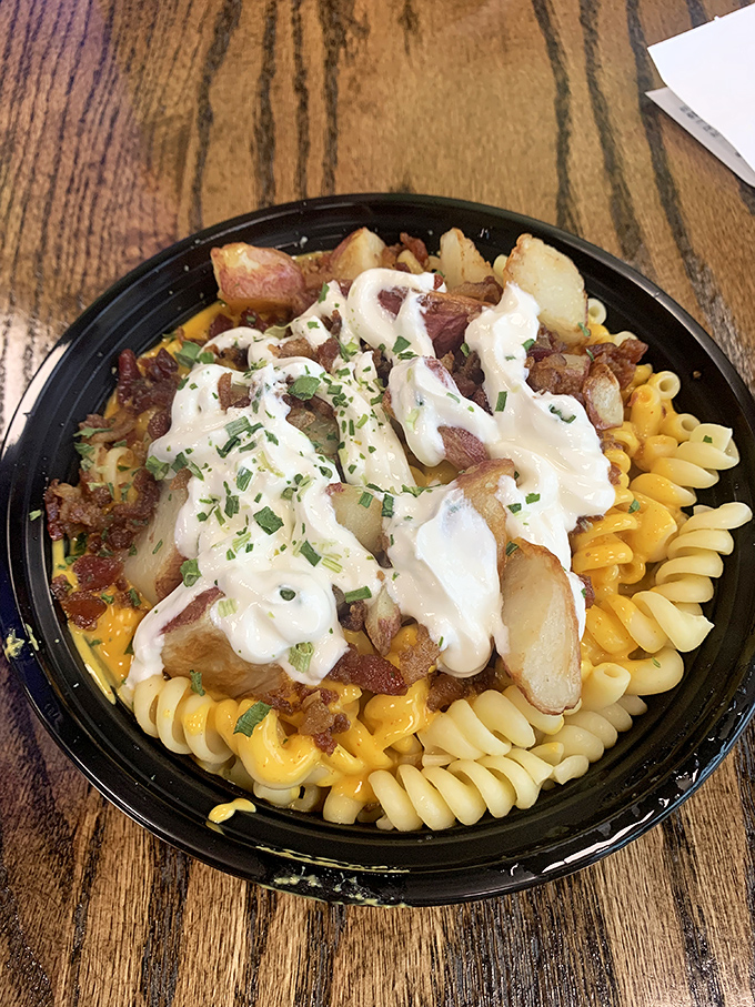 Loaded mac with potatoes and bacon&mdash;because sometimes you need carbs with your carbs. The food equivalent of wearing both a belt and suspenders.