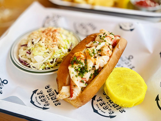The Maine-style lobster roll—where sweet chunks of lobster meat meet just enough mayo to hold a conversation, not dominate it. Cole slaw stands by as the perfect wingman.