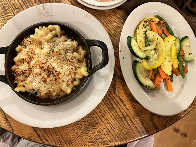 Mac and cheese with a side of perfectly saut&eacute;ed vegetables&mdash;because balance is important when you're about to experience cheese-induced euphoria.