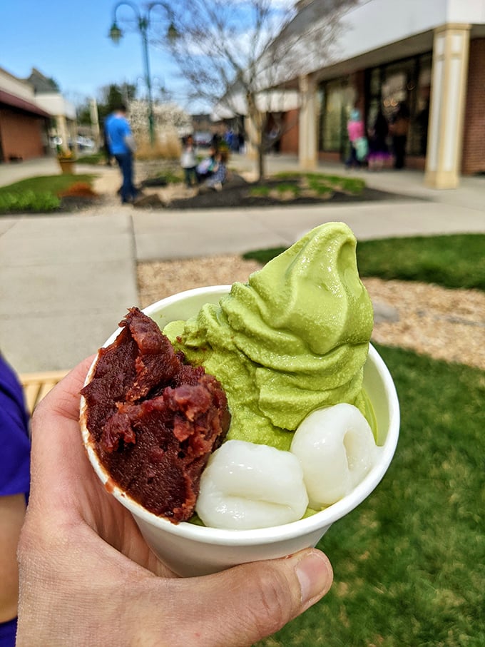 Matcha soft serve with red bean and mochi&mdash;proof that green food can be delicious without involving a single kale leaf.