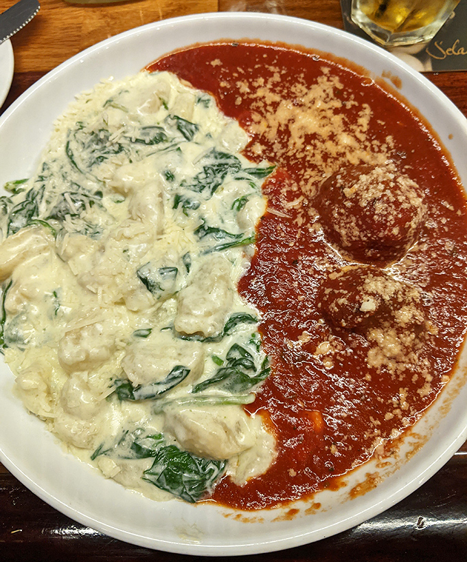 The ultimate yin and yang of pasta perfection – creamy ricotta gnocchi meets robust marinara with meatballs. Why choose when you can have both?