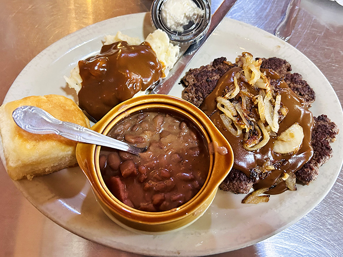 Meatloaf with caramelized onions, beans that didn't come from a can, and cornbread that would make your grandmother both proud and jealous.