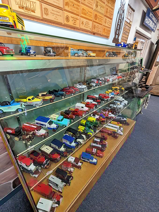 Miniature automotive dreams lined up like candy in a glass case. Each tiny truck and car tells a chapter of America's love affair with wheels.