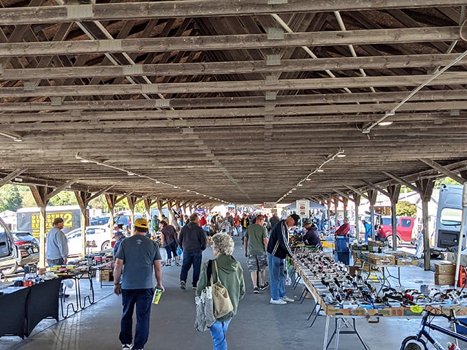 Under rustic wooden beams, browsers scan tables laden with tools, gadgets, and curiosities that span decades of American life.