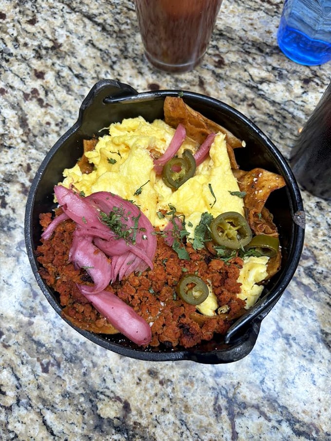Breakfast skillet magic&mdash;where eggs, chorizo, and pickled onions perform a morning symphony. The jalape&ntilde;os are there for the high notes.