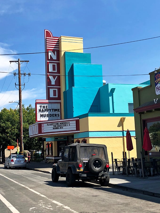 The Noyo Theatre's vibrant Art Deco marquee promises cinematic escapes in a setting far more charming than any multiplex.