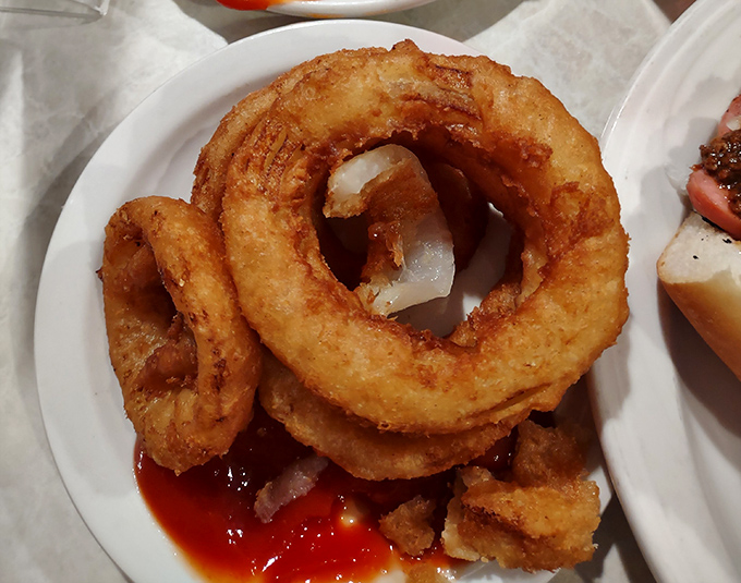 Onion rings with that perfect crunch-to-softness ratio. The kind that make you wonder why anyone bothers with fancy appetizers.