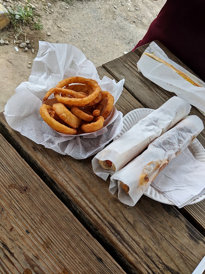 Onion rings that justify the journey &ndash; golden halos of crispy perfection alongside wrapped treasures waiting to be devoured.