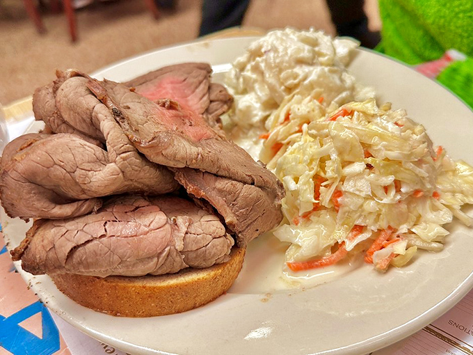 Behold the open-faced masterpiece &ndash; where the bread serves merely as a stage for the star performer: perfectly pink, impossibly tender roast beef.