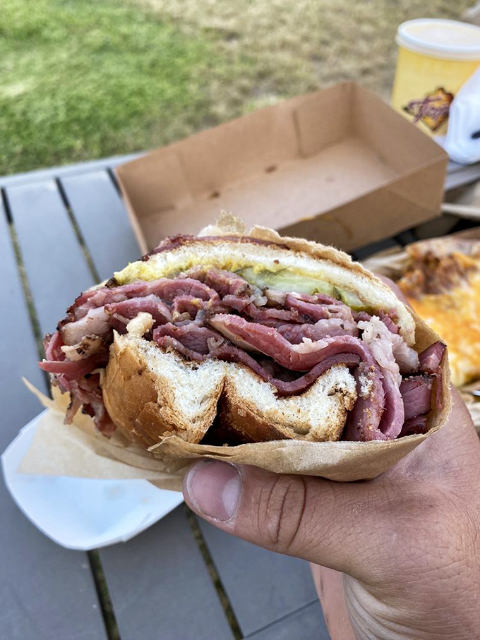 Pastrami perfection that would make a New Yorker nod in approval. Stacked high, this sandwich doesn't need fancy tricks to deliver pure satisfaction.