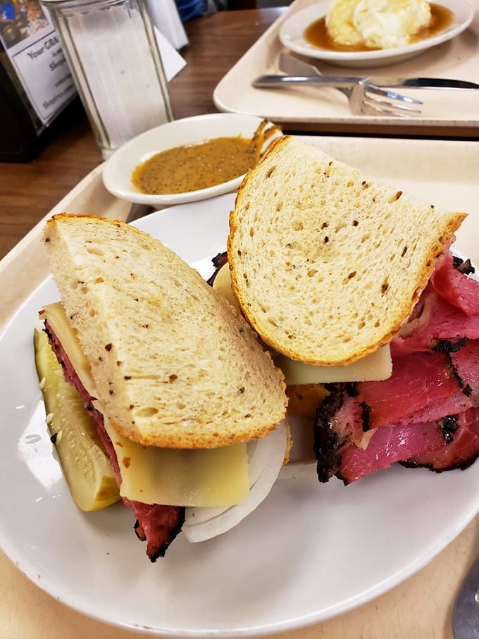 A sandwich so substantial it requires strategic planning for that first bite&mdash;layers of pastrami and Swiss on rye that make fast food chains hang their heads in shame.