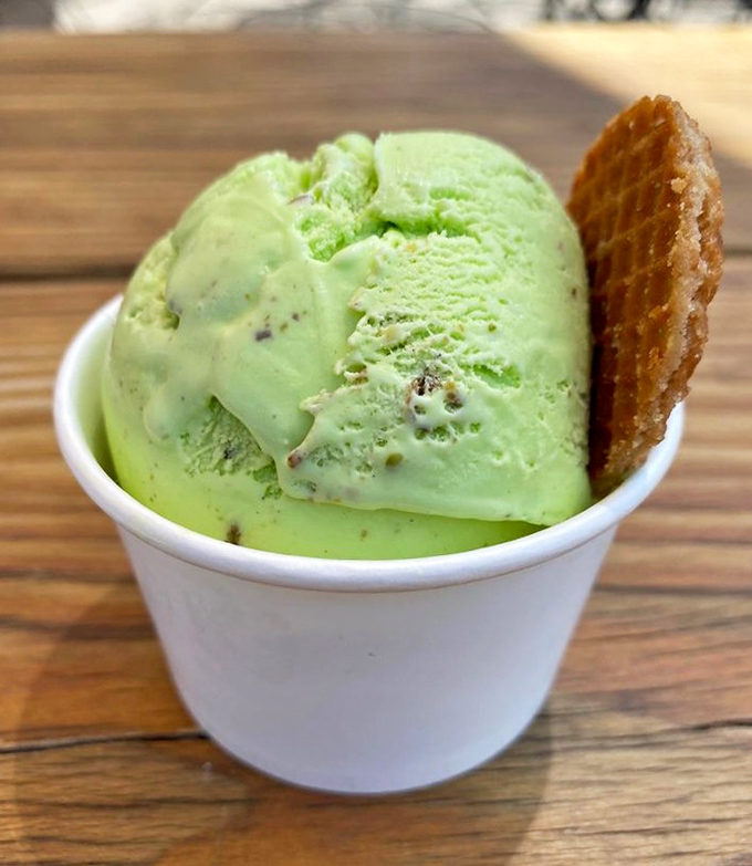 Green dreams in a cup! This pistachio rose cardamom creation is what happens when ice cream goes to graduate school and comes back worldly.