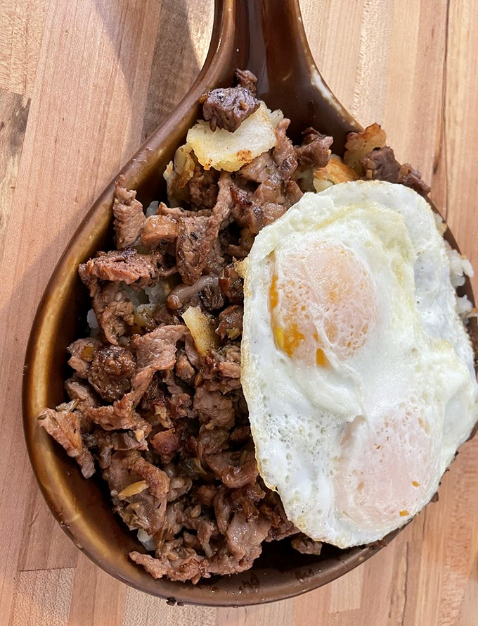 Prime rib hash with a perfectly cooked egg&mdash;the breakfast equivalent of striking gold in these California mountains.