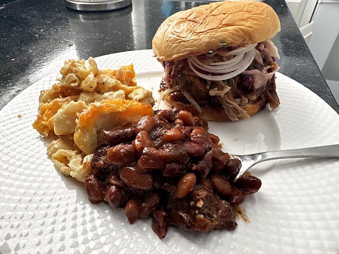 A pulled pork sandwich that would make a Carolina pitmaster tip his hat in respect, flanked by mac and cheese that demands equal attention.