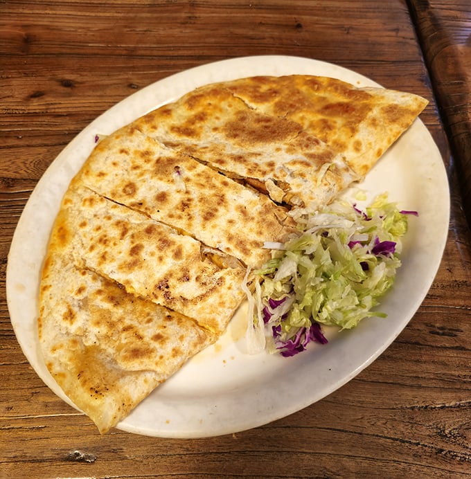 Golden-brown, perfectly crisped quesadilla that achieves that magical balance between crispy exterior and gooey, cheesy interior. Simple perfection on a plate.