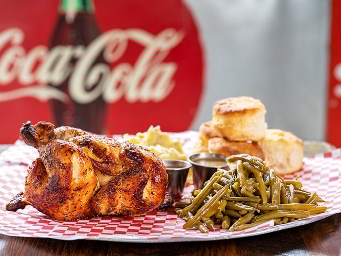 When a whole bird gets the Rocky's treatment, even the Coca-Cola sign in the background seems to approve. Those green beans aren't playing second fiddle to anyone.