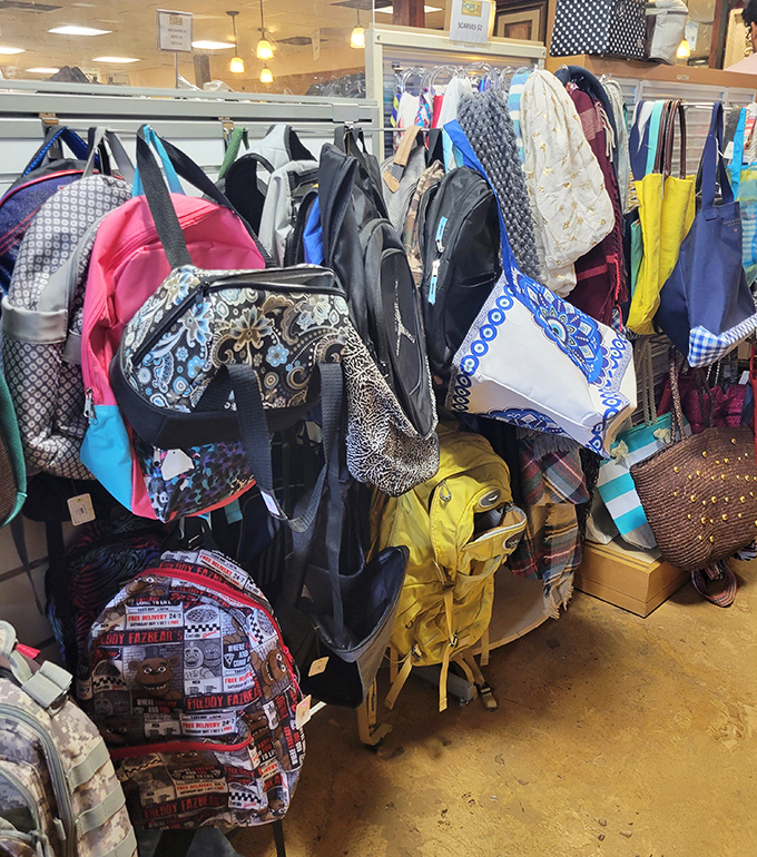 Backpack bonanza! Every pattern, color, and style imaginable hangs in wait for students or travelers seeking function with personality. 