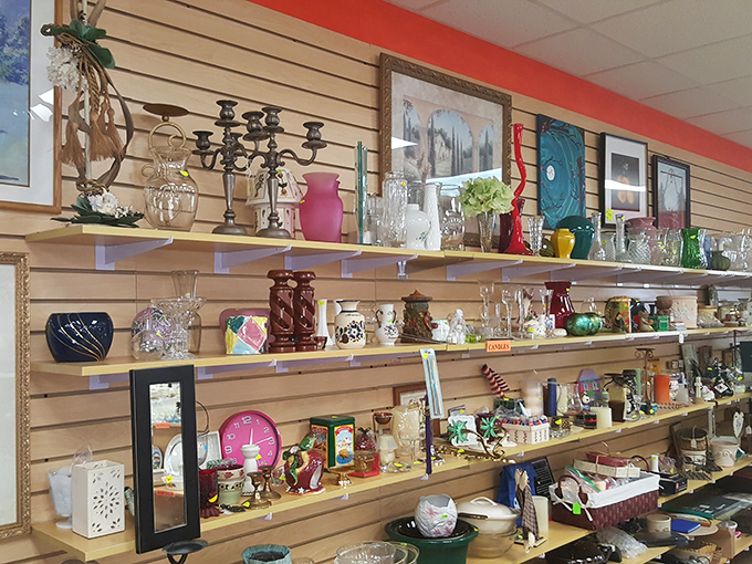 Shelves lined with glassware and knickknacks tell silent stories of dinner parties past and offer themselves for celebrations yet to come.