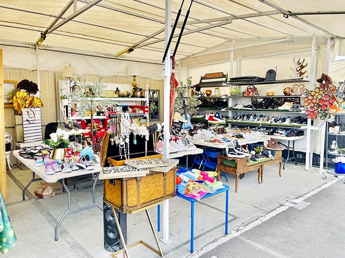 Treasure hunters pause at the marketplace entrance. That moment of anticipation before diving into a sea of potential discoveries.