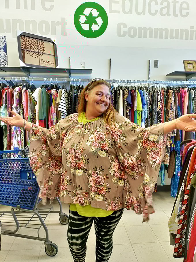 Joy personified! Nothing captures the thrill of thrifting quite like finding that perfect floral poncho that speaks to your soul.