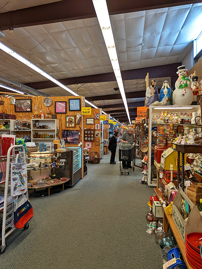 Treasures stacked floor to ceiling create narrow pathways of possibility. One person's "too much stuff" is another's "not enough wall space."