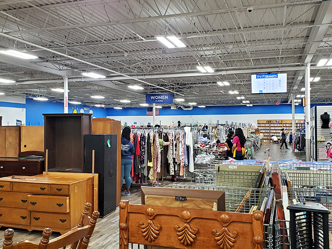 Women's clothing and furniture coexist in perfect harmony. That dresser might have held someone's bell bottoms in the '70s before finding its way here.