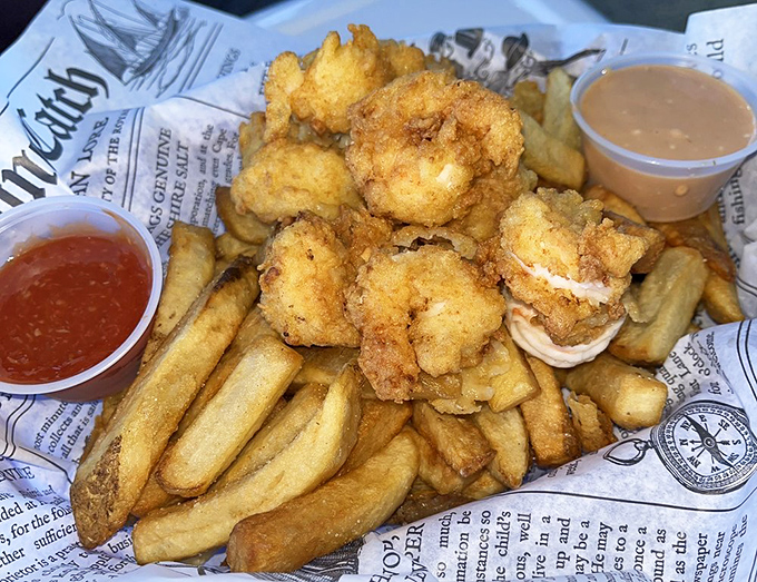 Plump, crispy shrimp nestled among hand-cut chips. The perfect marriage of land and sea, wrapped in newspaper like a delicious gift.